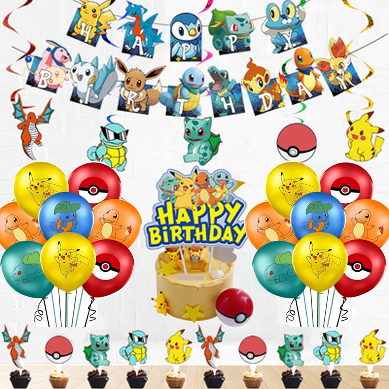 Pokemon Theme Pikachu Pull Flag Banner Set Cake Topper Bulbasaur ...