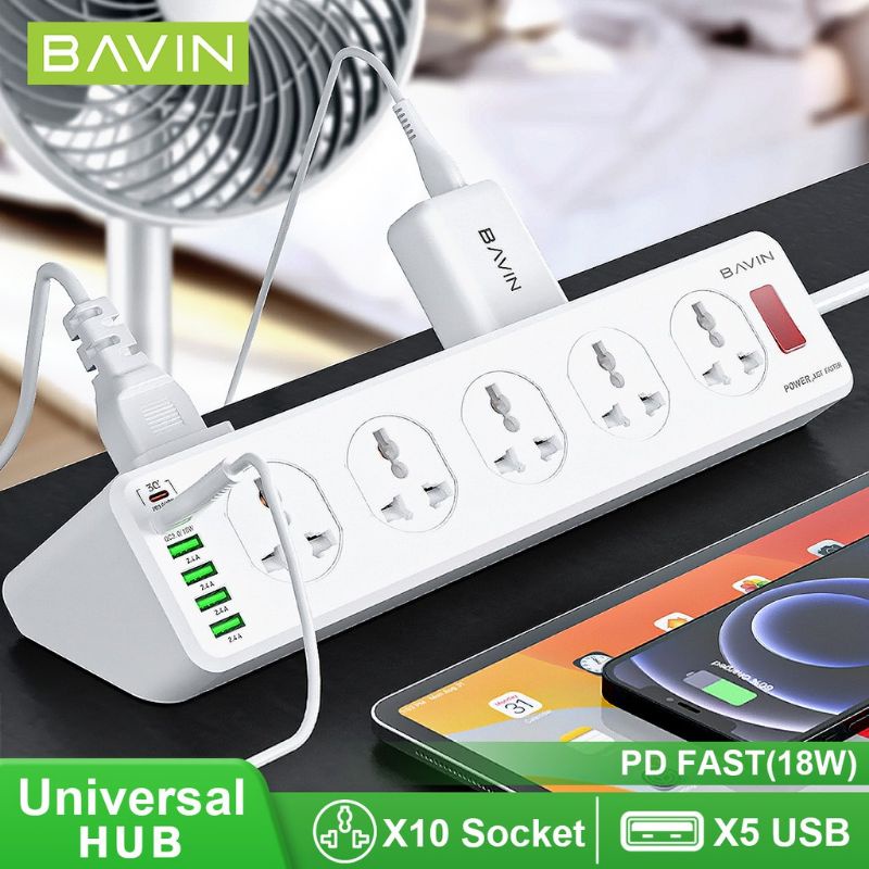 Original Bavin Universal Charging Hub Extension 6USB+10 Socket 5 Auto-ID USB Port PD Fast QC3.0 ...