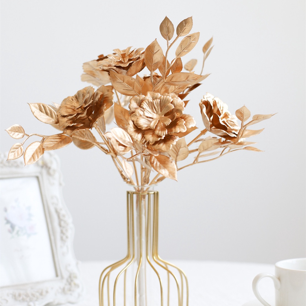 Retro Gold Rose Artificial Flowers With Leaves High Quality For Wedding ...