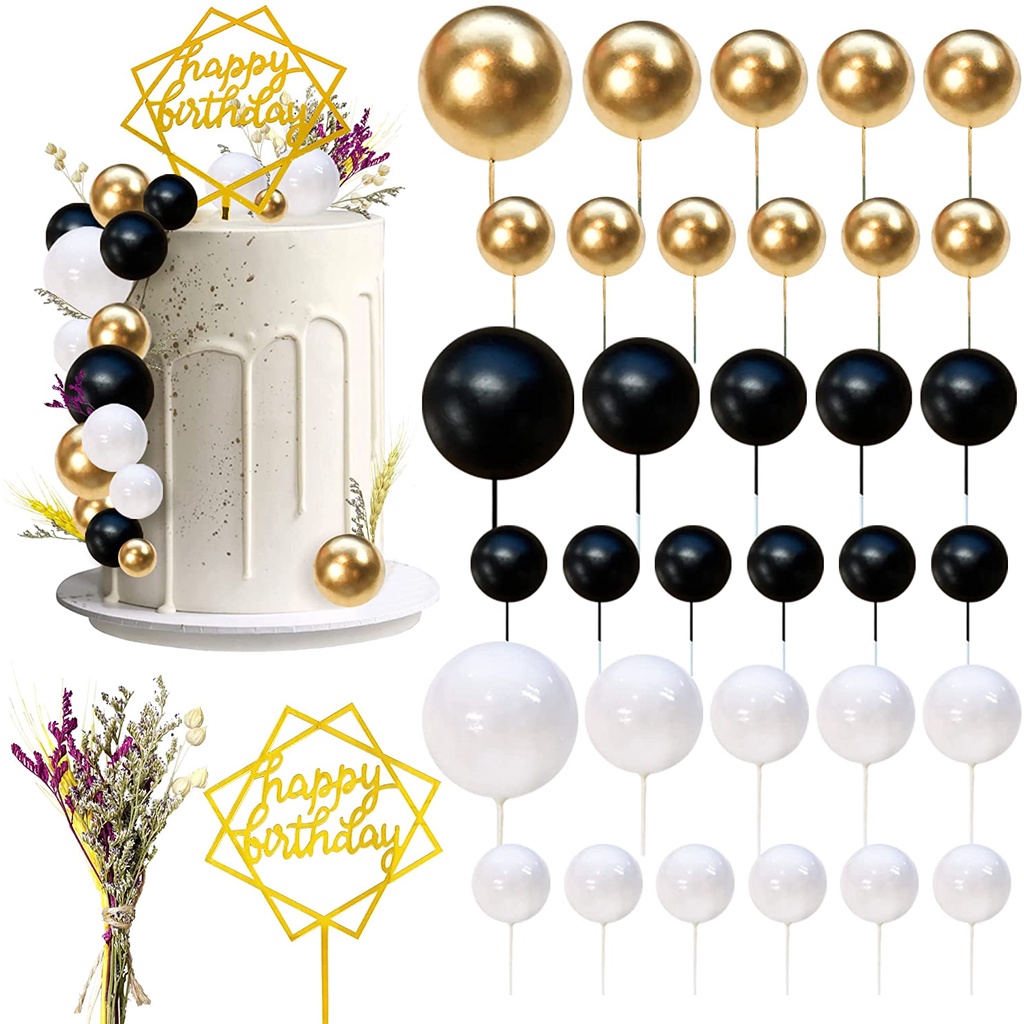 25PCS Black&Gold Balls & Acrylic Cake Topper Pearl Balls Cake Topper ...