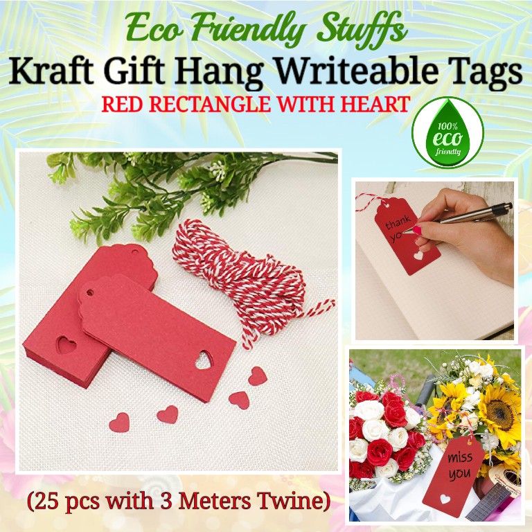 EcoFriendlyStuffs Kraft Gift Hang Writeable Tags (Red Rectangle w ...