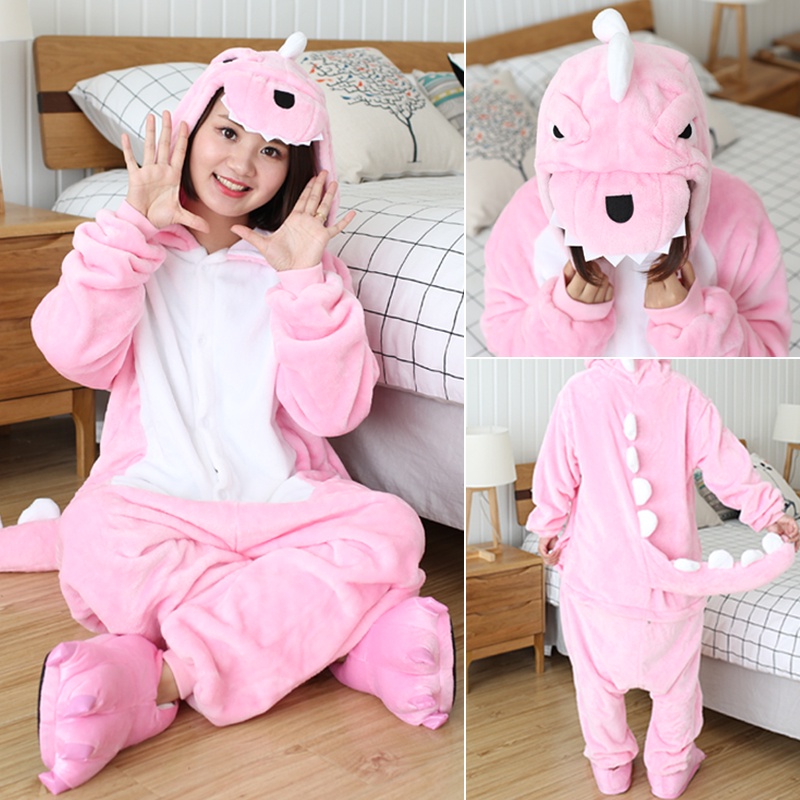 Pink Dinosaur Kigurumis Animal Onesie Adults Unisex Flannel Pajamas ...