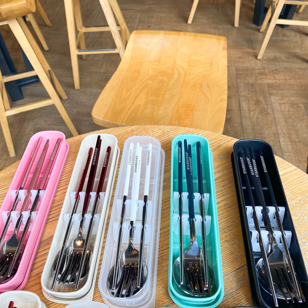 Silver 4in1 Portable Cutlery Starbucks Korean Silver cutlery set fork ...