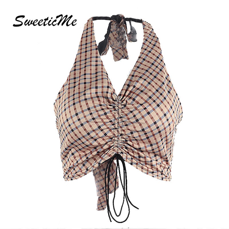 SweeticMe Women's Positive Negative Two-Wear Plaid Sexy Lace Up Halter ...