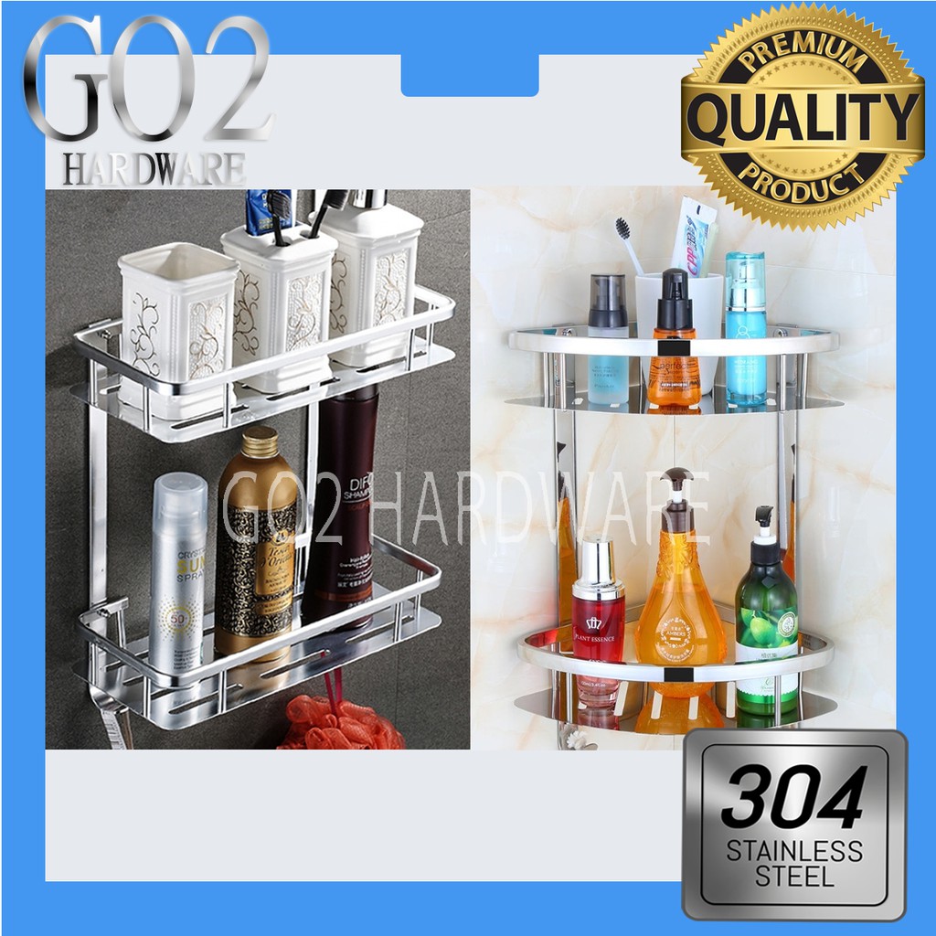304 Stainless Steel Double Layer Bathroom Storage Rack Shelf With Hook ...