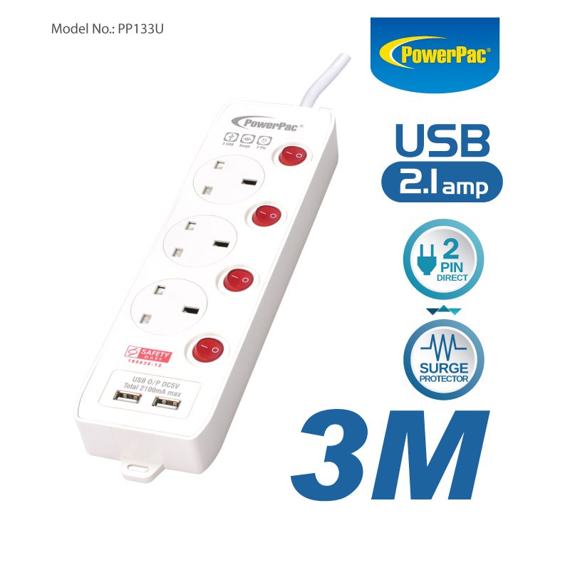 PowerPac Extension Socket, Extension Cord 3 Way 3M with Dual USB Power ...