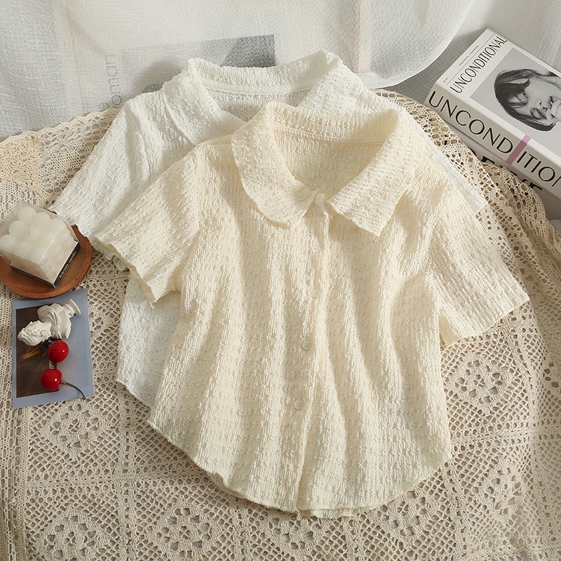 Summer short slim textured blouse women's new wrinkle polo shirt short ...