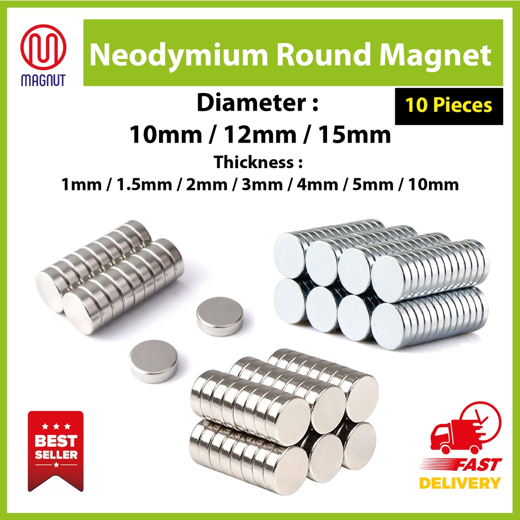 10 pcs Diameter : 10mm/12mm/15mm Neodymium strong round magnet / SUPER STRONG MAGNET | Shopee ...
