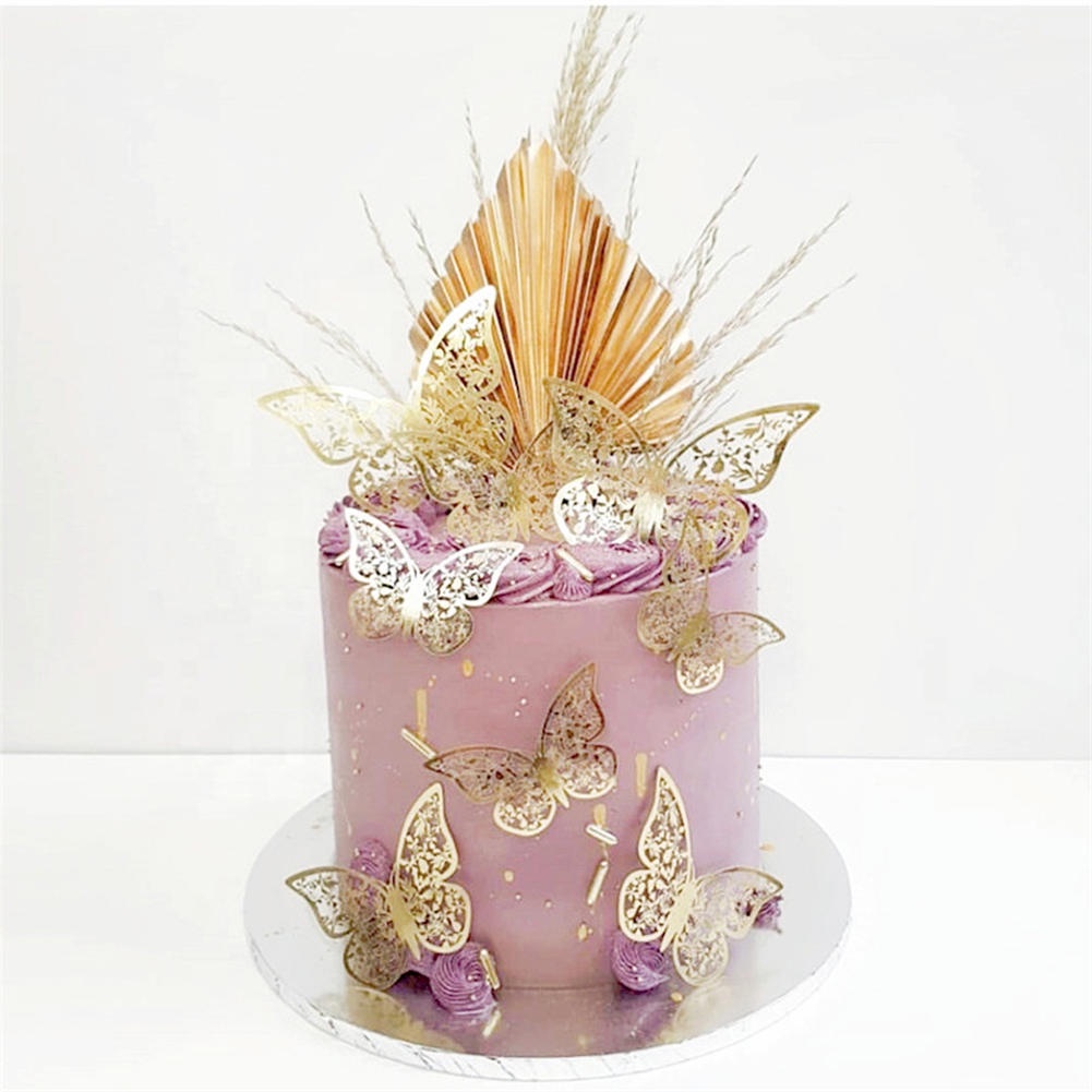 12Pcs 3D Hollow Butterfly Metal Texture Paper DIY Birthday Cake Gold ...