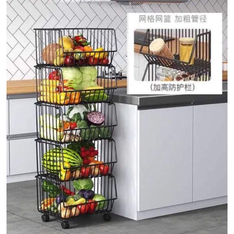 5 Layers Basket Metal Movable Storage Organizer Kitchen Vegetable Rack ...