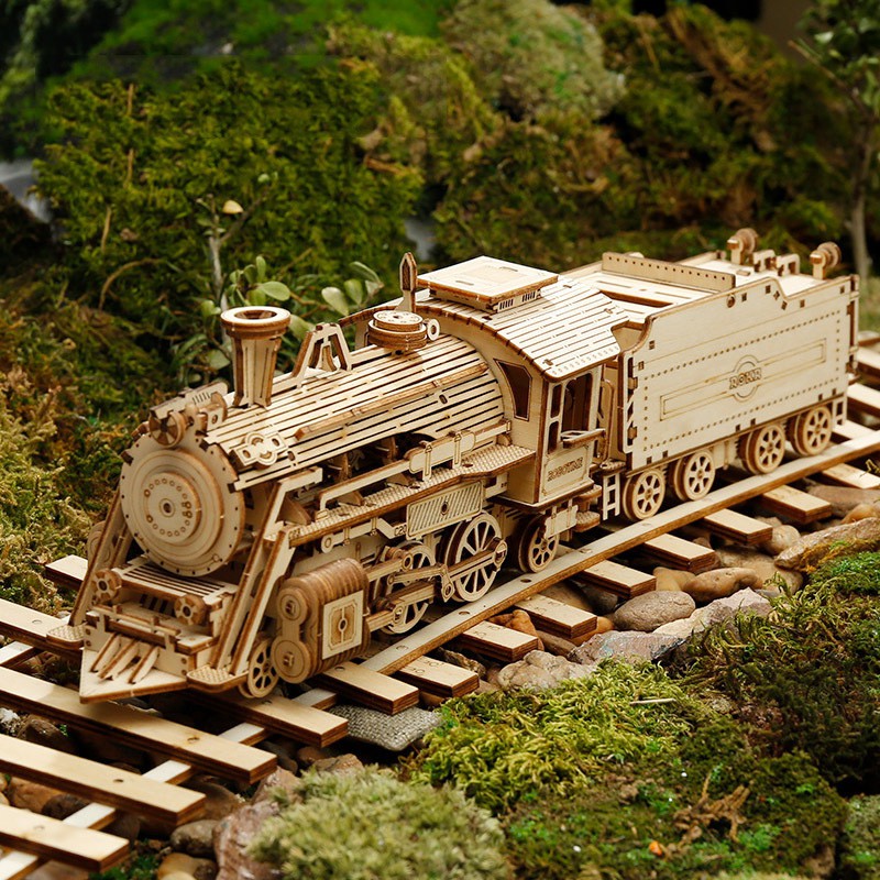 3D Wooden Puzzle Train Model DIY Wooden Train Toy Mechanical train ...