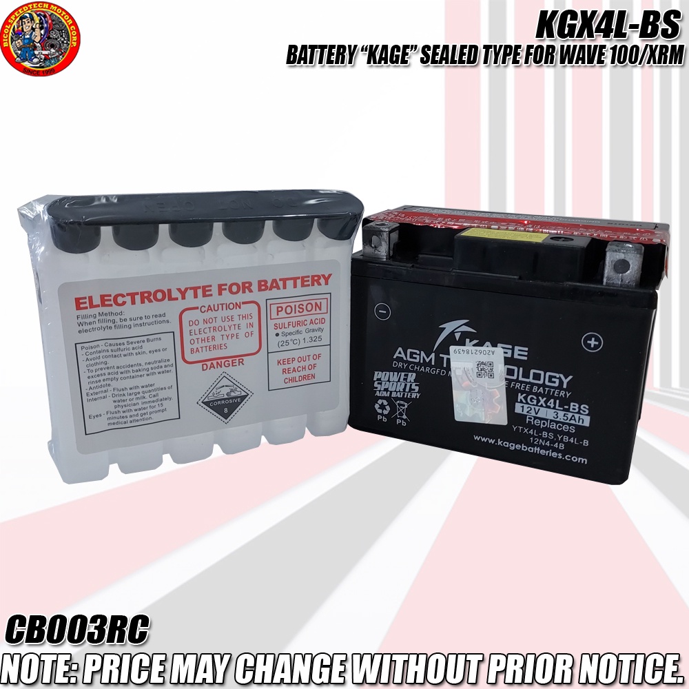 KGX4L-BS BATTERY "KAGE" SEALED TYPE FOR WAVE 100/XRM (CB003RC) | Shopee ...