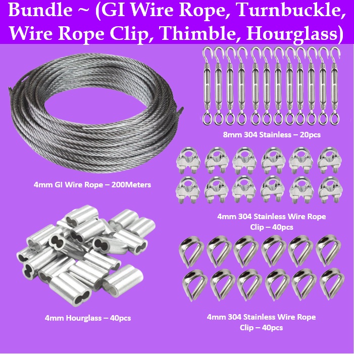 Mago Bundle ( 4mm GI Wire Rope, 8mm Turnbuckle, 4mm Wire Rope Clip, 4mm ...