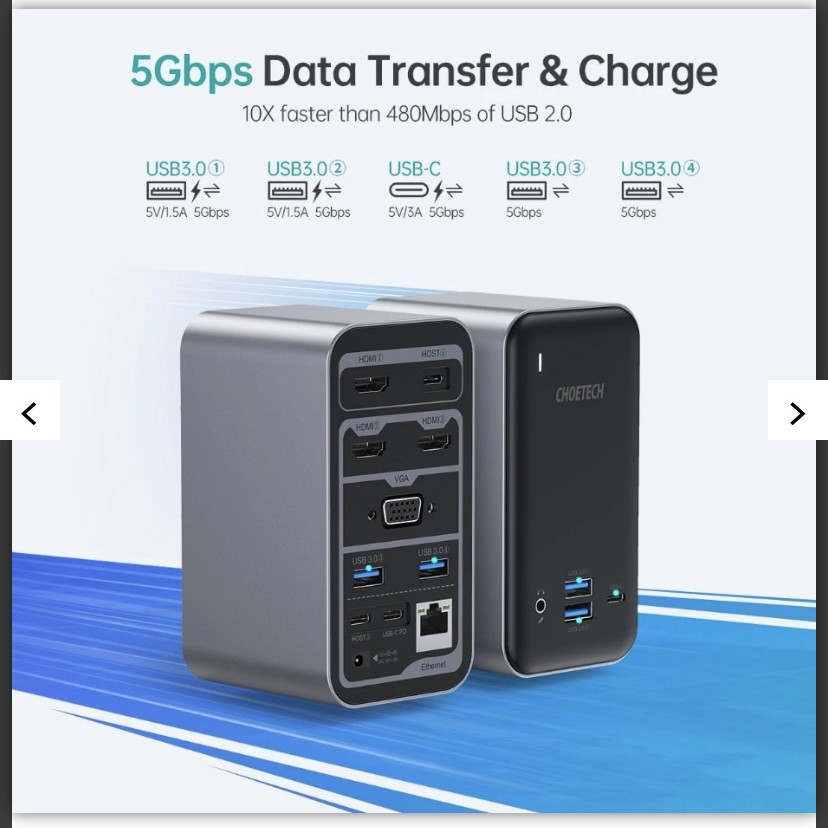 Choetech Docking Station 15 in 1 USB Type C Hub to HDMI + VGA + USB 3.0 ...