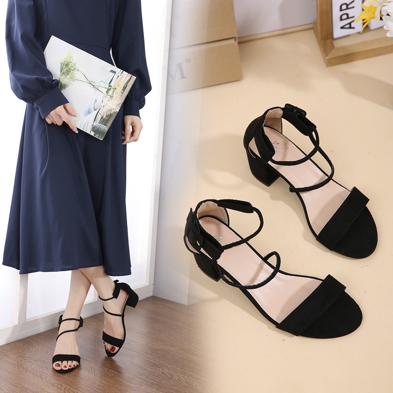 「KAEVE」Korean Women suede peep Toe Black Office Work Block Heel Shoes ...