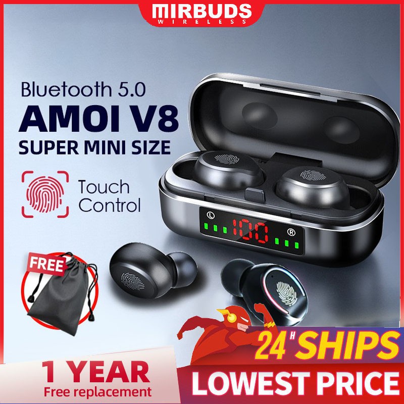 Original AMOI V8 TWS 5.0 Bluetooth Earphones Wireless Earbuds Touch Headset | Shopee Philippines