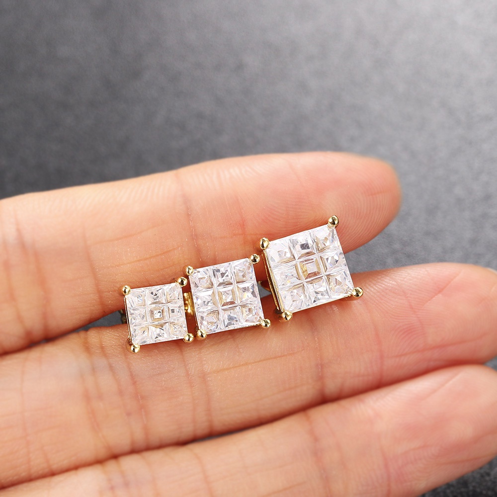 Classic Square Crystal Stud Earrings For Men Women Punk Zircon Diamond ...