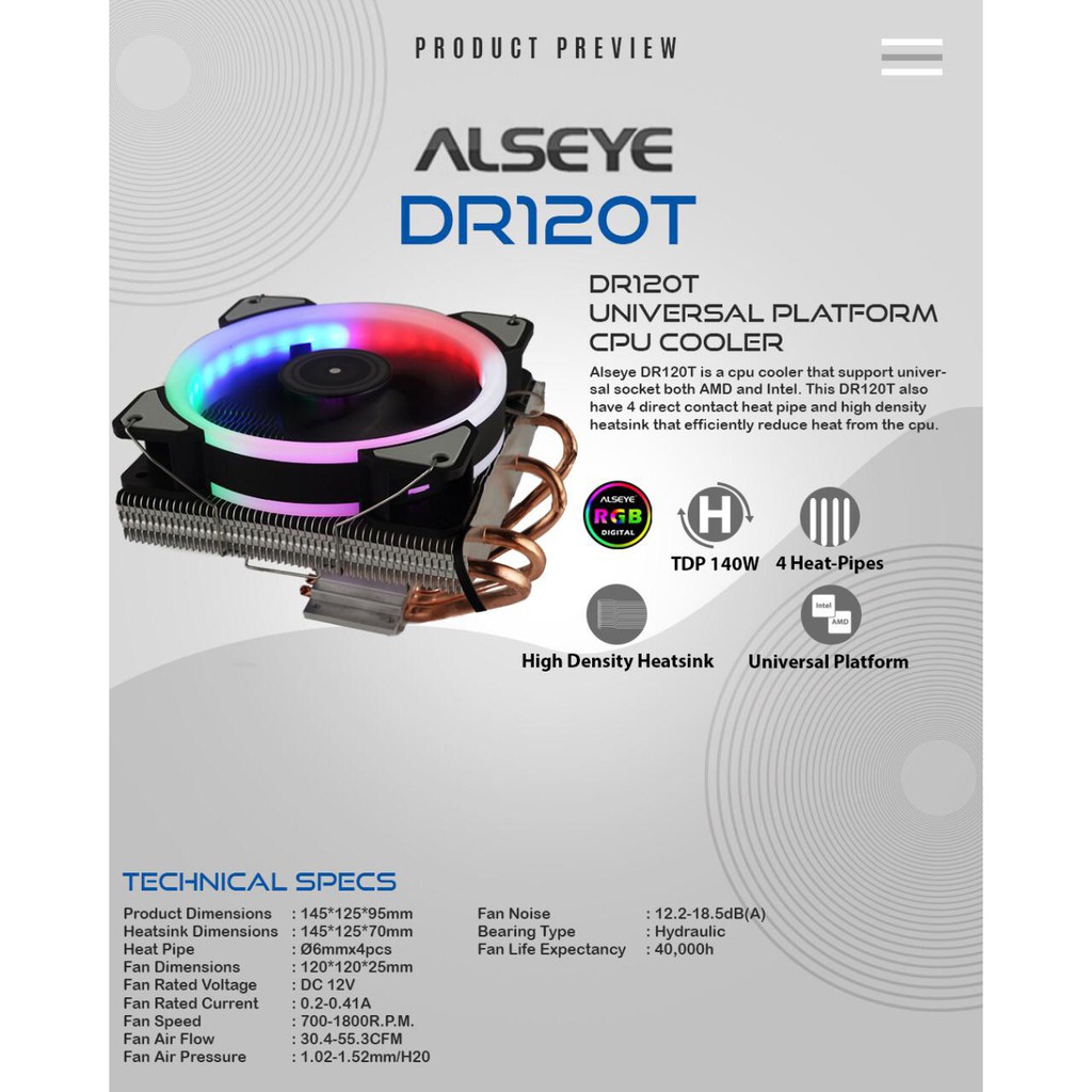 Alseye DR120T - 4 HEAT PIPES RGB FAN CPU COOLER / FAN PROCESSOR ...