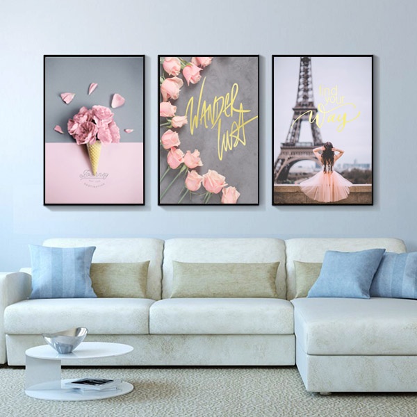 3pcs Frame Pink Flowers Beach Paintings Adhesive Posters Aesthetic Home ...