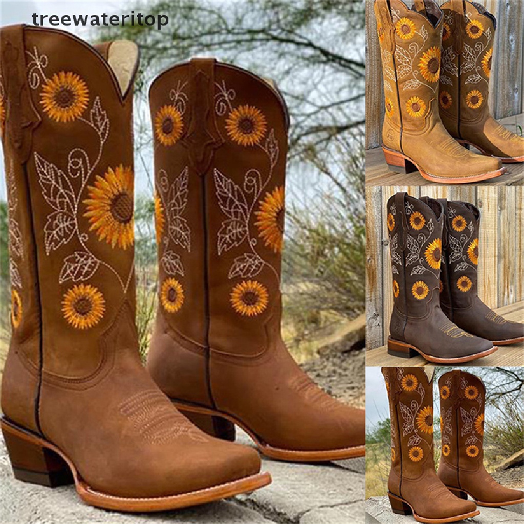 hot Women's Embroidered Boots Sunflower Printed Mid Calf Chunky Heel ...