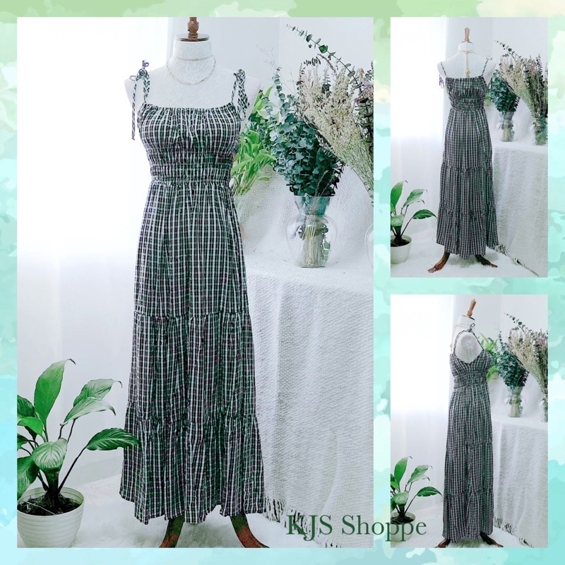 Trendy String Gingham Plaid Maxi Dress with Garterized Waist (XS to ...