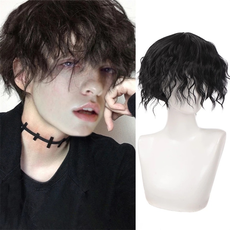 Men's wig short curly hair tin foil perm head handsome short hair full ...