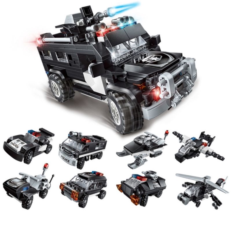 Qman Brick 1808 [8 IN 1] 340pcs/Set Police Car Vehicles Transform Jeep ...