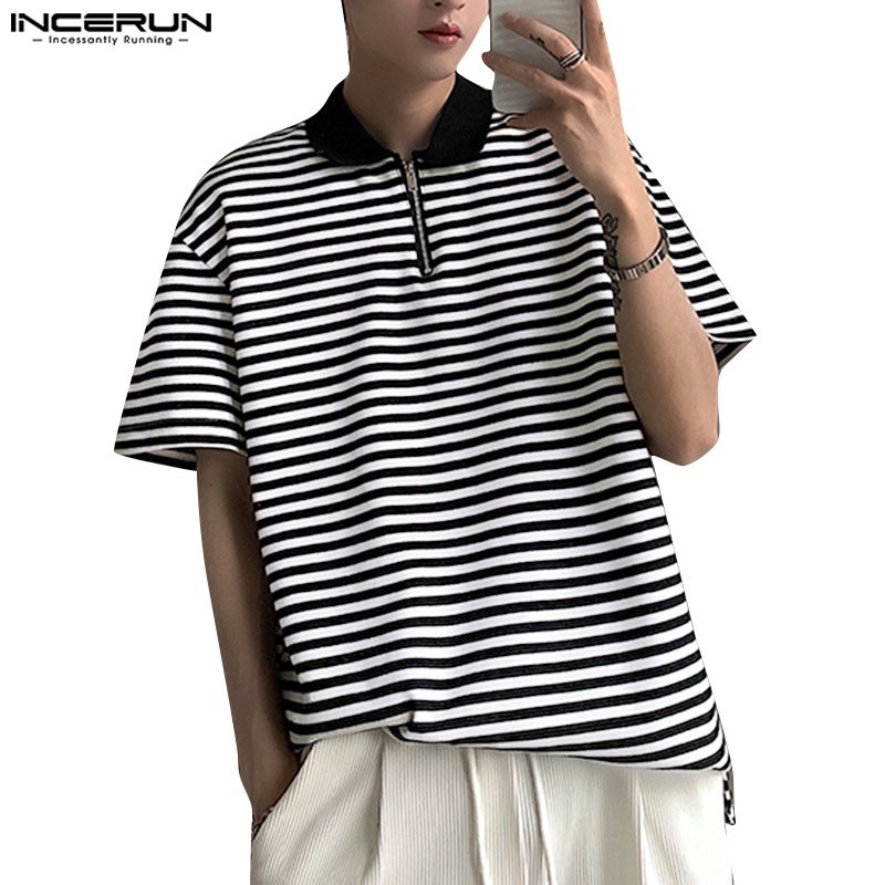 INCERUN Mens Striped Short Sleeve Zip Up Pullover Holiday Knit Polo ...