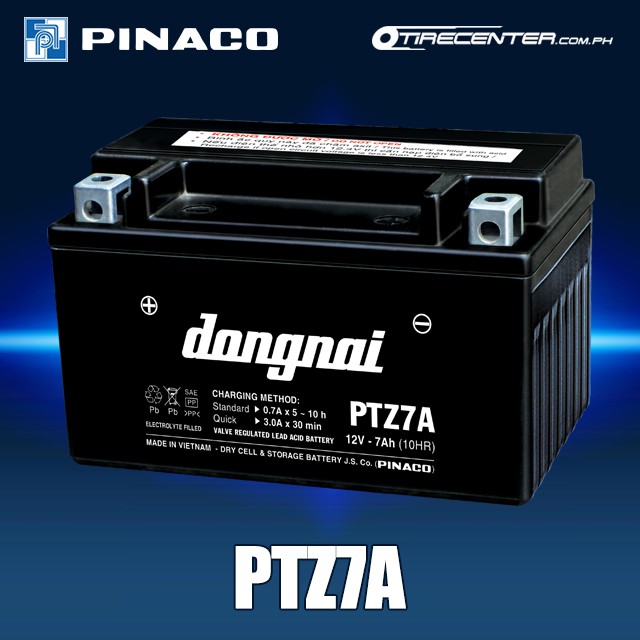 PINACO DONGNAI PTZ7A VRLA Motorcycle Battery, 12V-7Ah, 150x87x93mm Fits ...