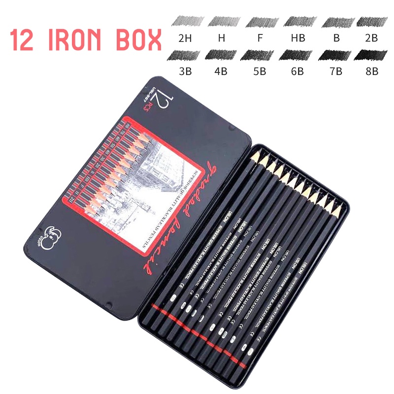 12pcs/set Box Graphite Paint Pencil Sketch Drawing Set 2H-8B Art Set ...