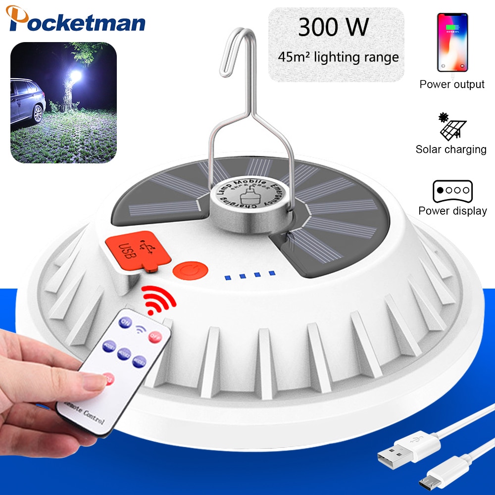 300W Rechargeable LED Solar Charging Remote Control Lamp Bulb Portable ...