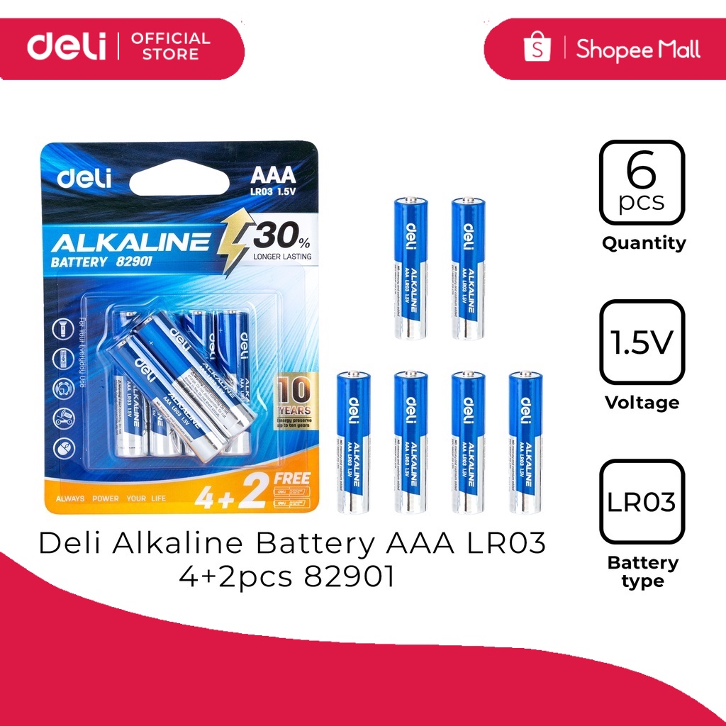 Deli 82901 Alkaline Battery AAA LR03 4+2pcs 1PACK [7982901] | Shopee ...