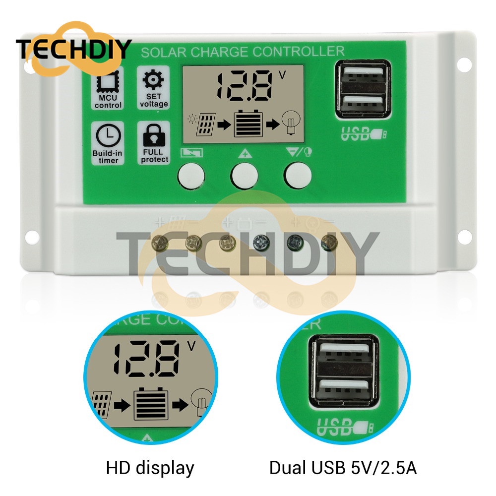 PWM Solar Charge and Discharge Controller 10A 20A 30A 24V 12V Auto LCD Dual USB Lithium Solar ...