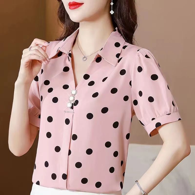 Polka Dot Shirt Women's Short Sleeve Fashion Loose Chiffon Top | Shopee ...