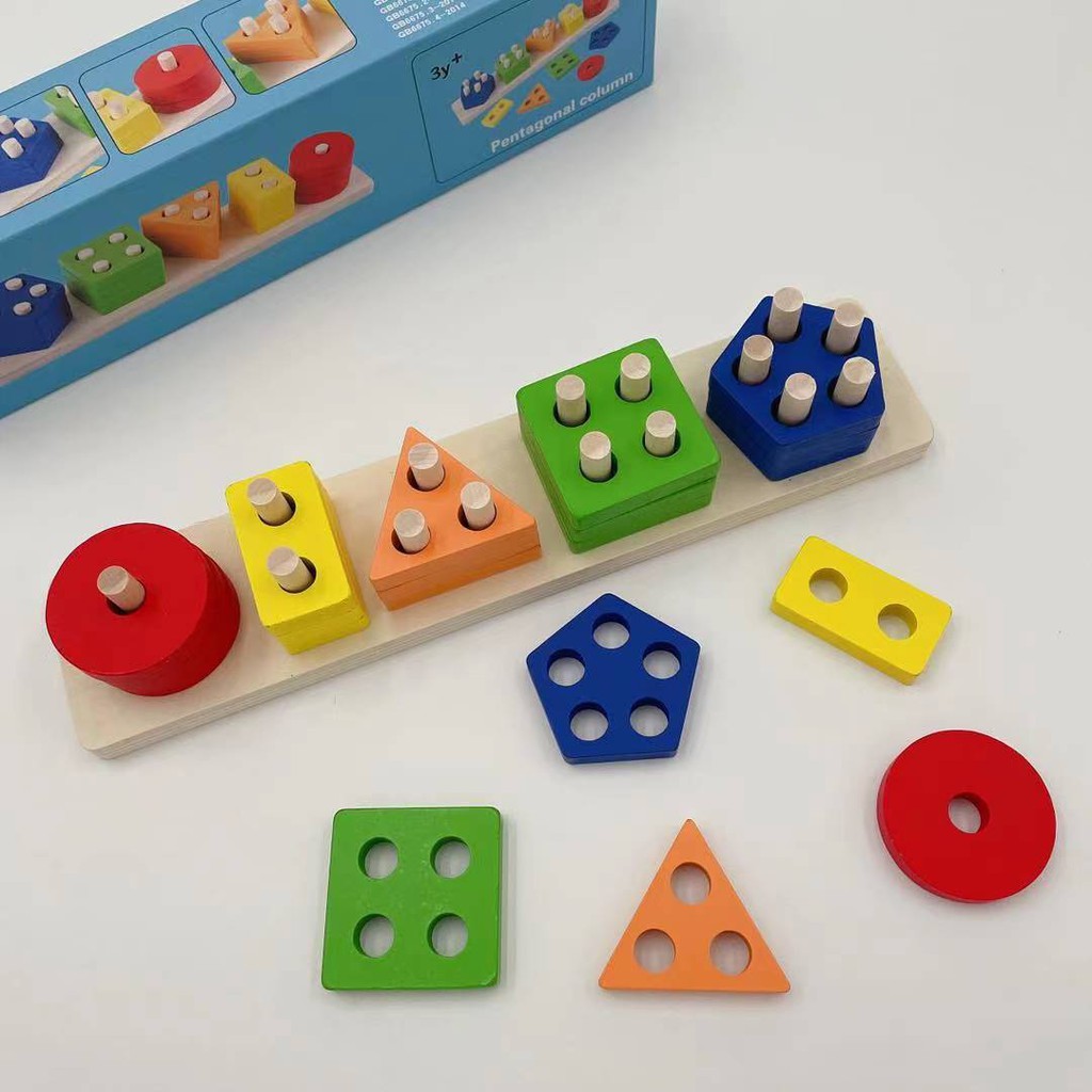 K2-shop Wooden toy geometric shapes set Columns color shape | Shopee ...