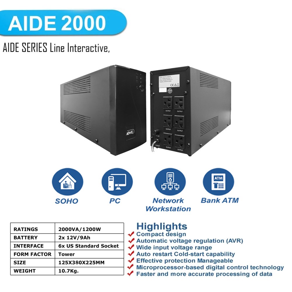 AWP Aide 1200W-2000VA UPS with AVR Uninterruptible Power Supply (6 ...