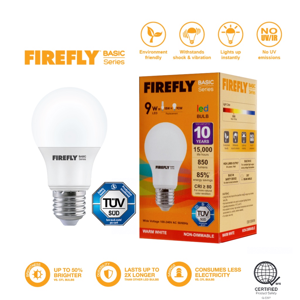 Warm White 9W Firefly Basic Series Light Emitting Diode LED Light Bulb ...