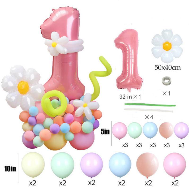 34pcs Daisy Balloons Set Macaron Color Balloons 32 Inch 1-9 Number ...