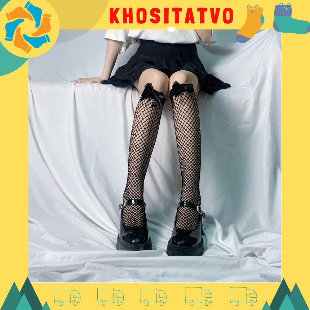 Mesh stockings, calf-high fishnet stockings with bow trim, black/white ...