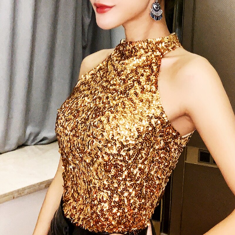 Sidaimi sequins Women Fashion Shimmer Flashy Embellished Halter Neck ...