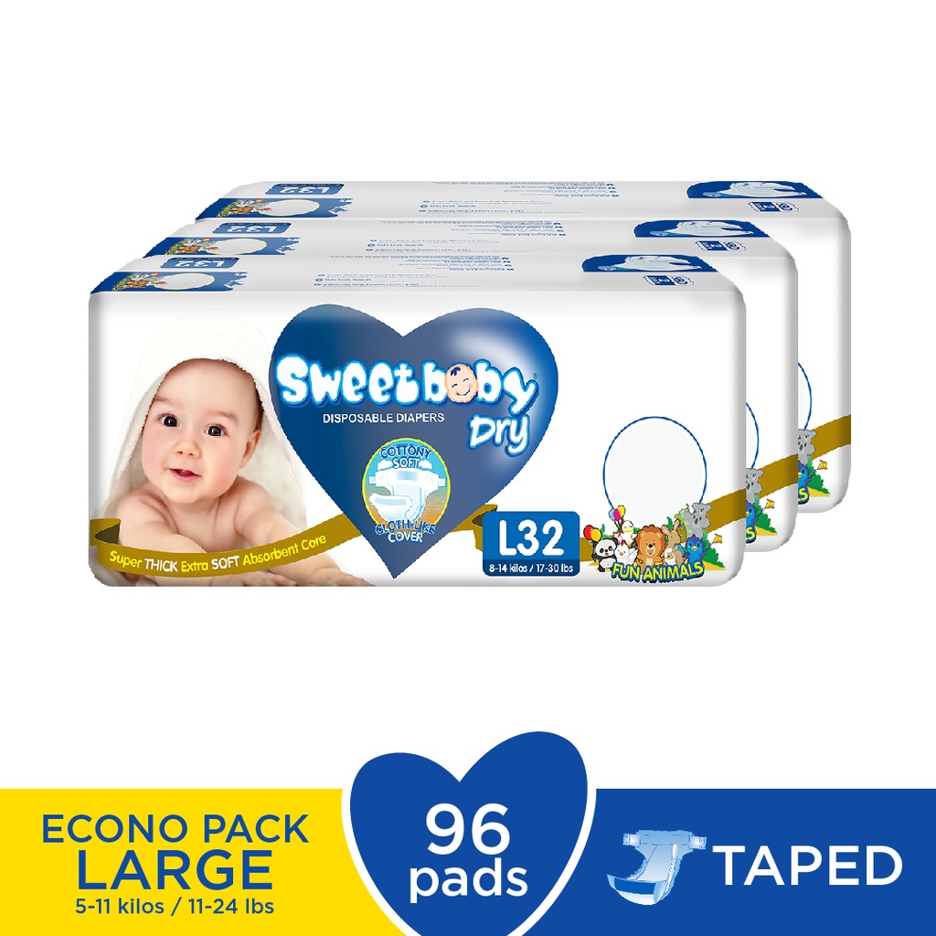 SWEETBABY DRY TAPED DIAPER - ECONO PACK - LARGE - 32 PADS x 3 PACKS (96 ...