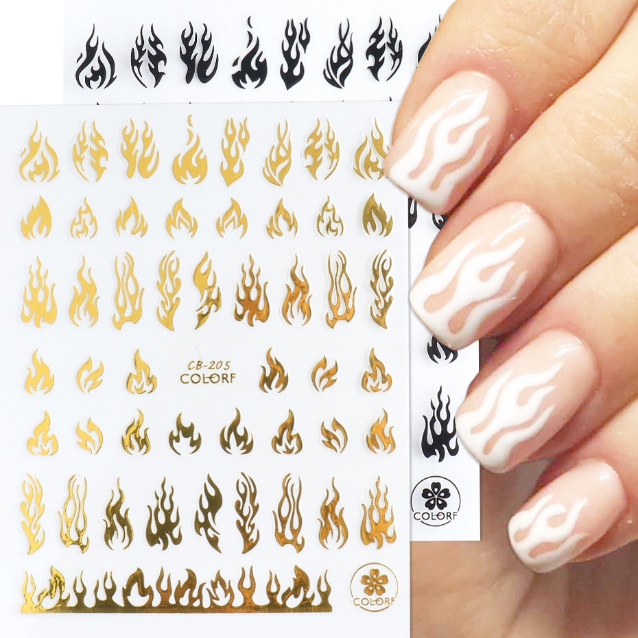 HAMA NAIL 3D Flame Nail Art Sticker Gold Black Fire Blaze Design ...