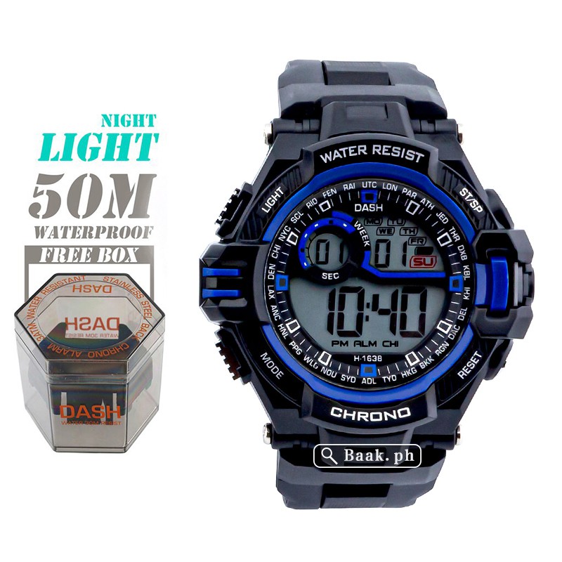 Original DASH Water Proof Men's Digital Light Watch Free Gift Box#1638 ...