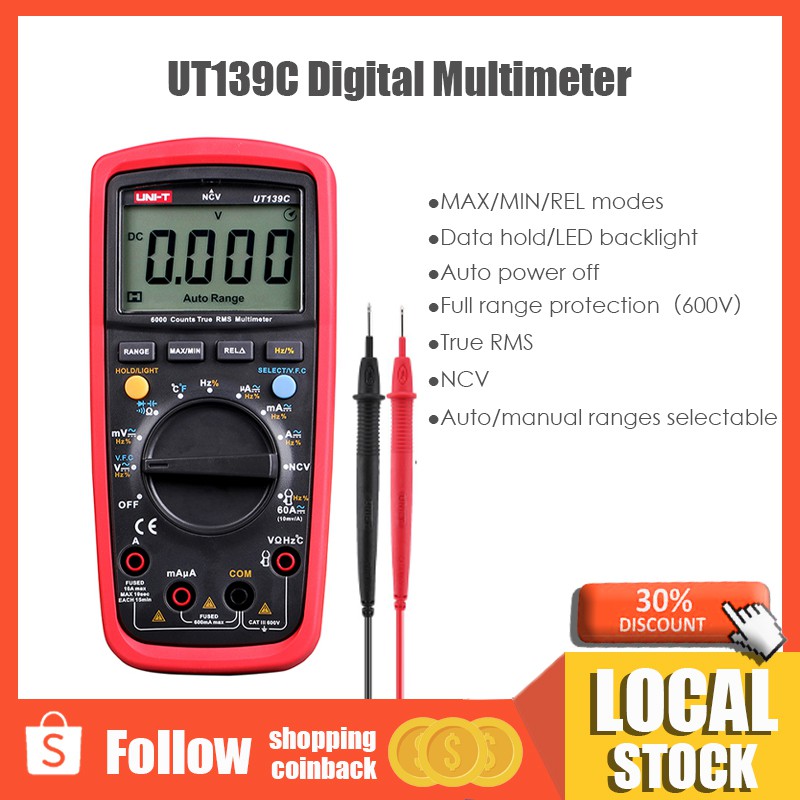 UNI-T UT139C Digital Multimeter 6000Count True RMS Auto Range Voltmeter Temperature Capacitor ...