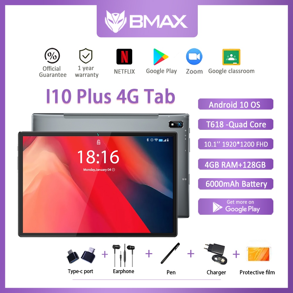 BMAX I10 Plus 4Gb Ram 128Gb Rom 4G LTE Dual Sim Phone Call 10.1 Android 10 Wi-Fi Tablet Gaming ...