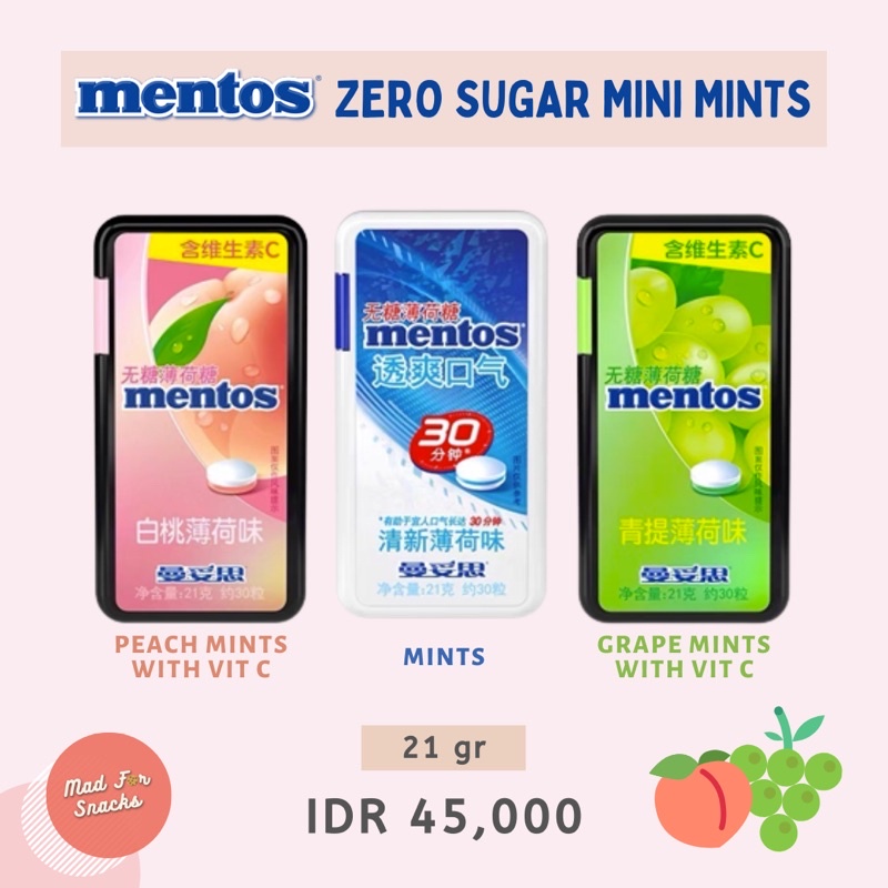 Mentos Zero Sugar Mini Mints (Peach Mints with Vit C, Mint, Grape with ...
