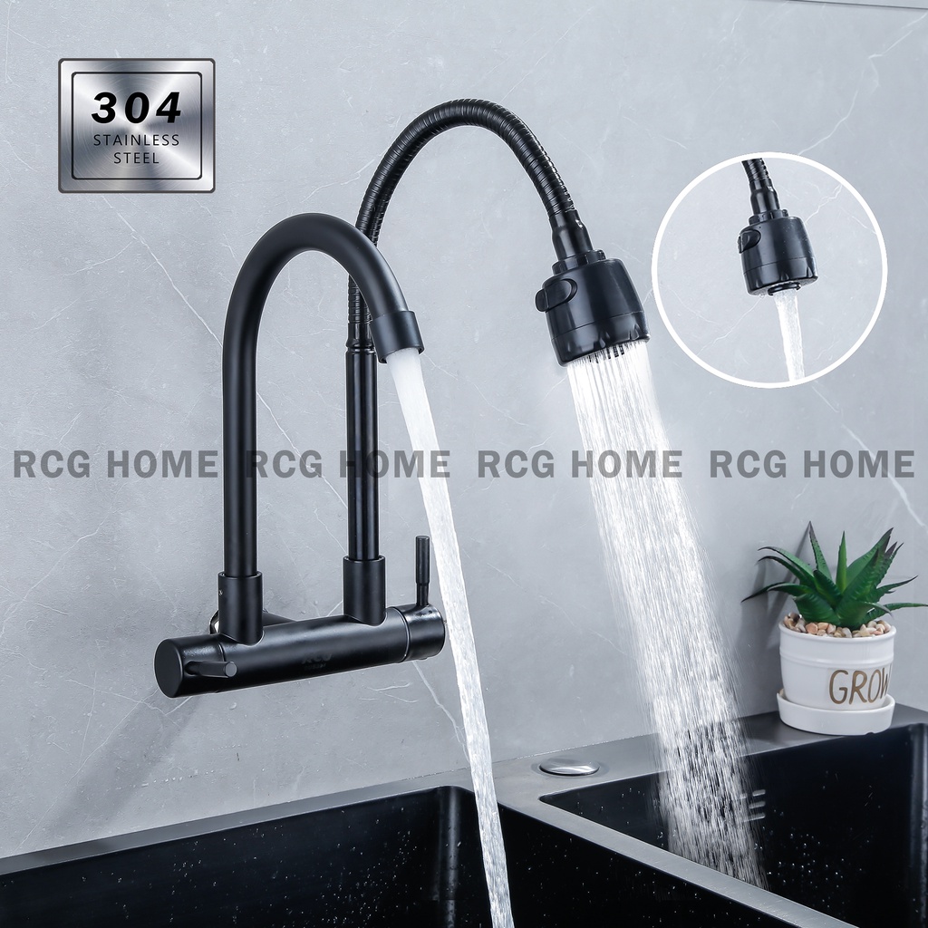 RCG SUS304 Stainless Steel Double Dual Kitchen Faucet Flexible Single ...