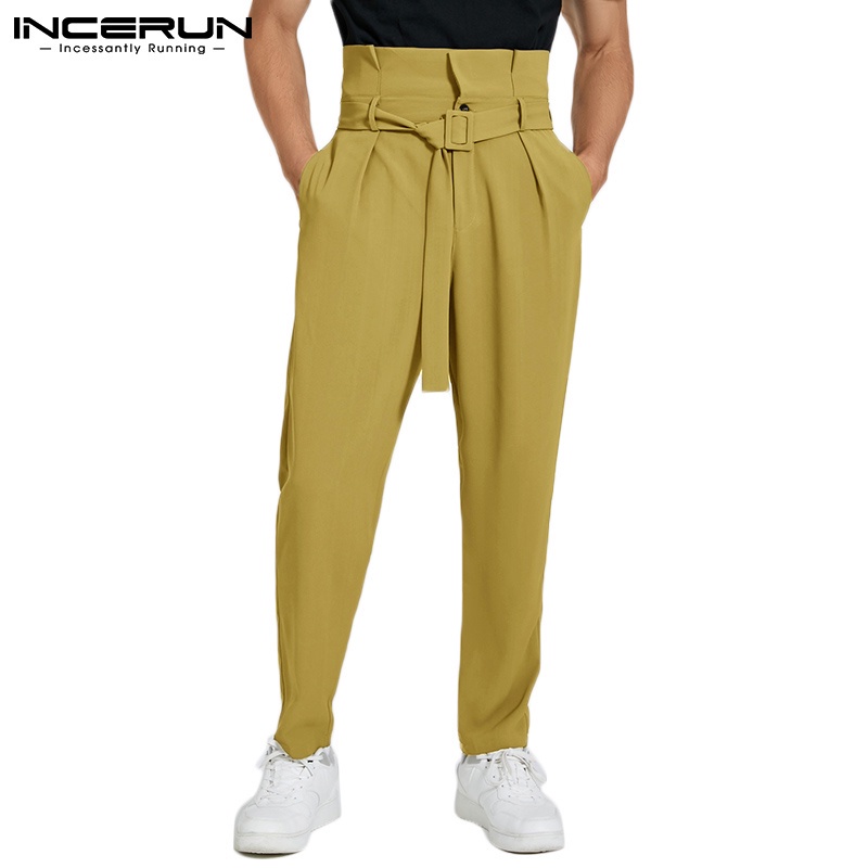 INCERUN Men's Fashion Casual Solid Color High Waist With Belt Long ...