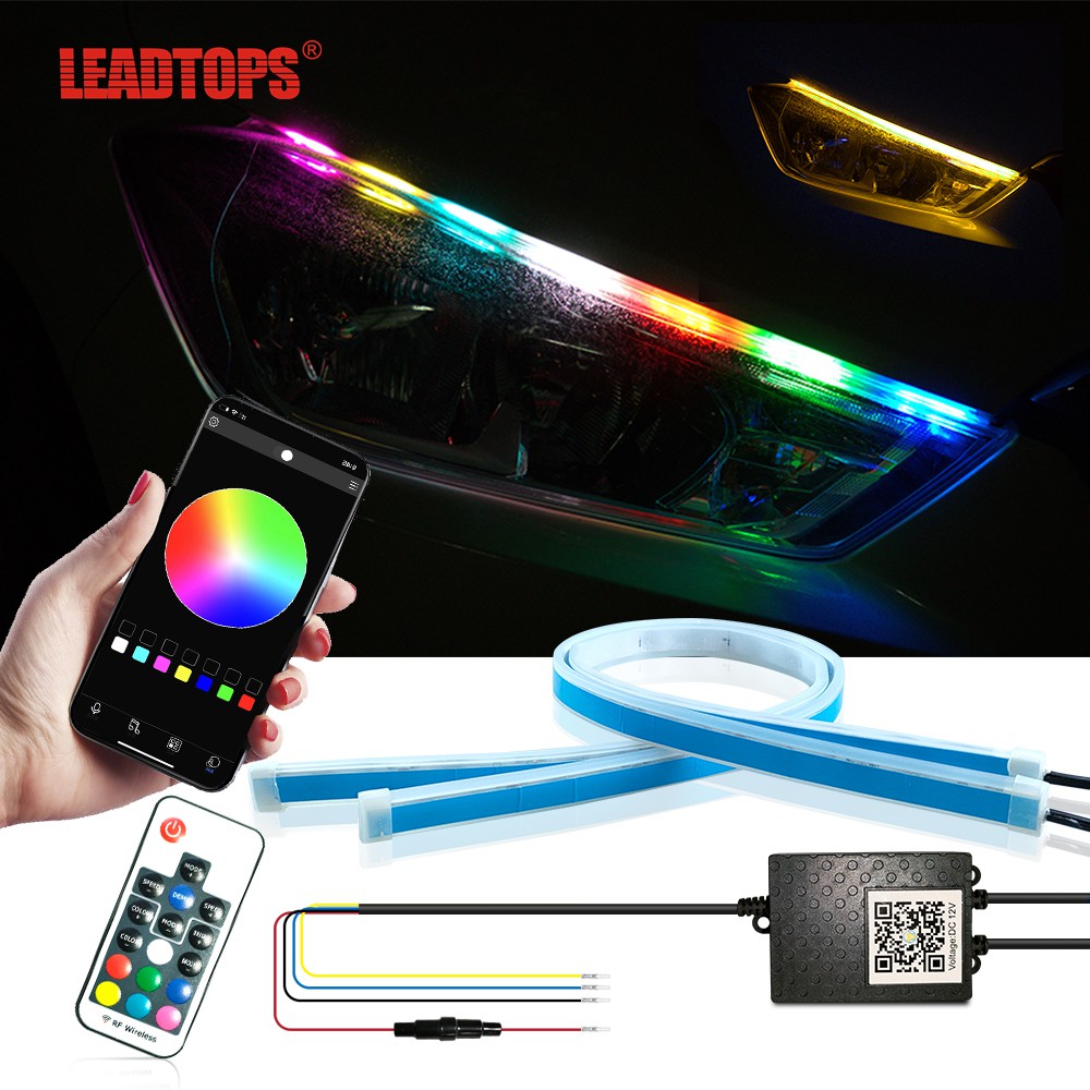LEADTOPS [APP+RF Control] 1 Pair 45cm 60cm RGB Car Headlight LED Strip ...