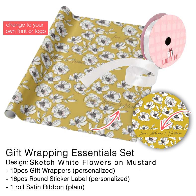 Gift Wrapping Essentials - Sketch White Flowers On Mustard -Wrapper ...